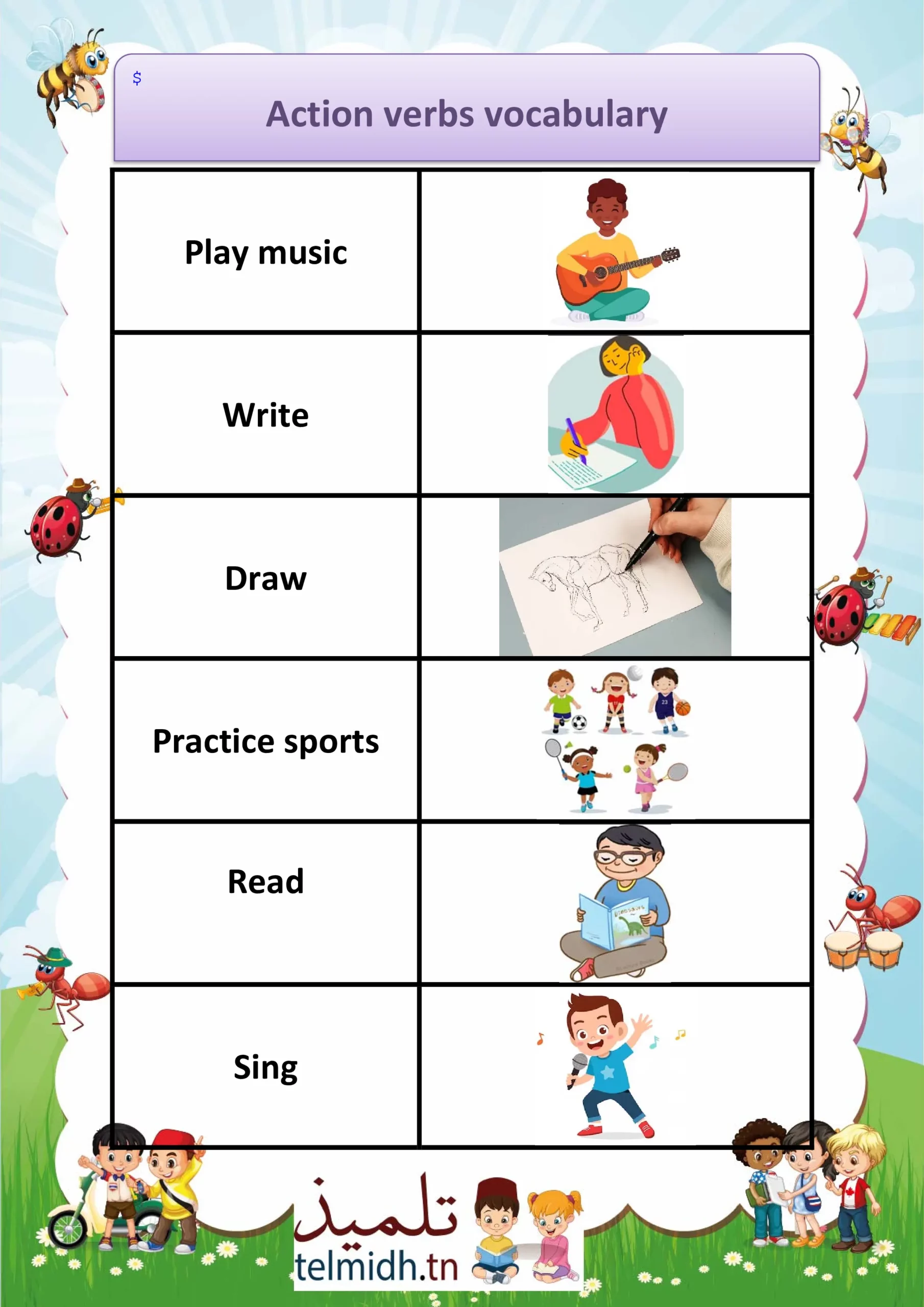 Action verb vocabulary list - Telmidh